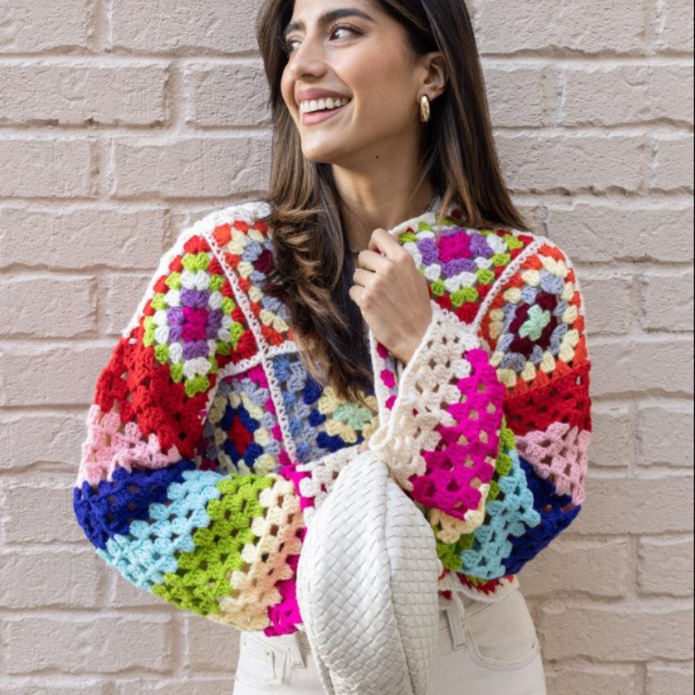 Elan Colette Rainbow Multi Crochet Cardigan - Gem